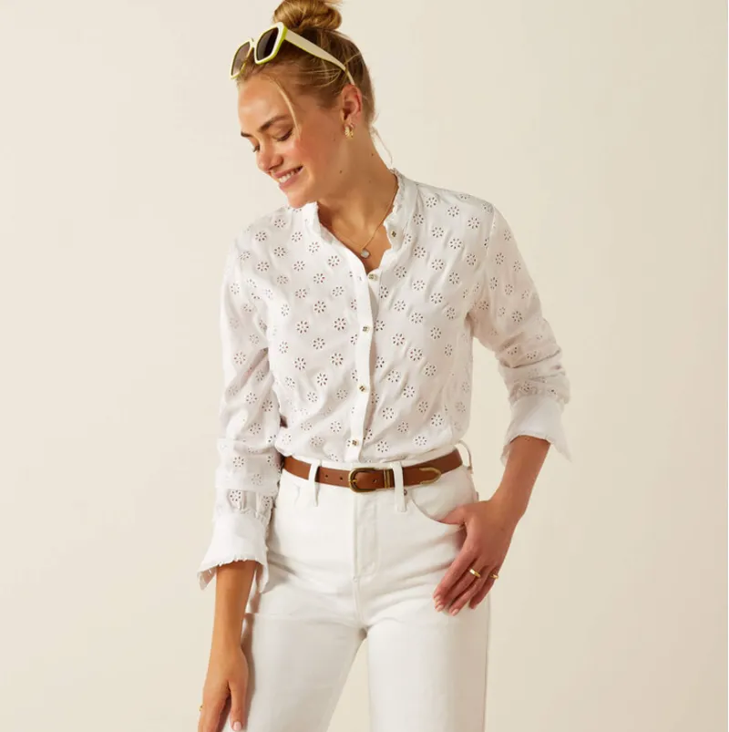 Wms Clarion LS Blouse White Eyelet Print